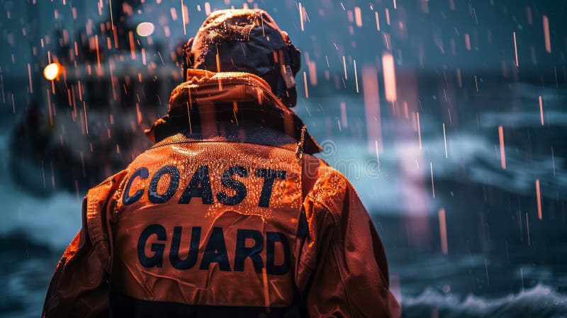 Coast Guard Officer in a Heavy Storm, Facing the Ocean. Stock Photo ...