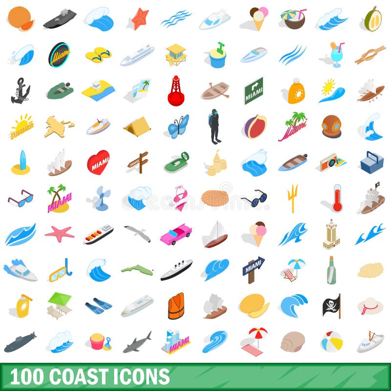 100 Coast Icons Set, Isometric 3d Style Stock Vector - Illustration of ...