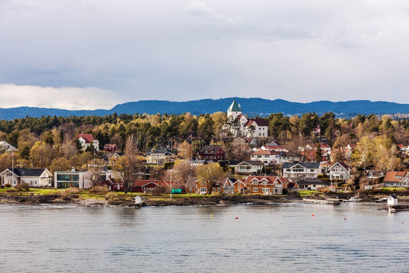 Coast near Oslo stock image. Image of trees, building - 90470537