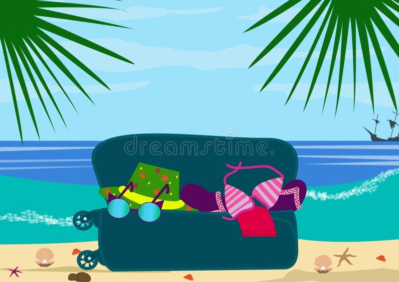 Coast and Sea Waves. Uitcase with Things Lie on the Beach. Things for ...