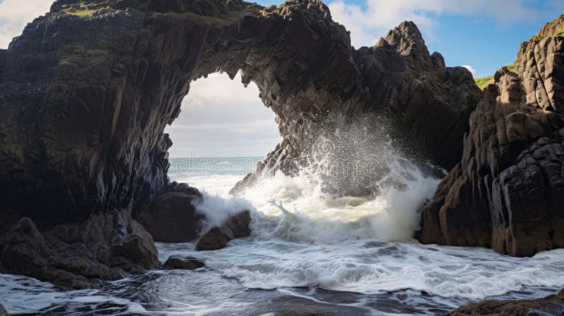 Coastal Arch with Turbulent Waves Splashing through Stock Illustration ...