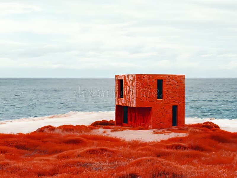 Coastal Architecture: a Boxy, Vibrant Red Structure Stands on a Sandy ...