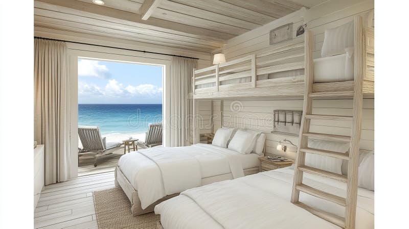 Coastal Beachfront Bedroom with Bunk Beds. Ocean View and Light, Airy ...