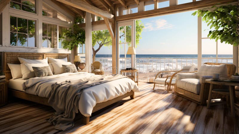 Coastal Beachy Style with Ocean View Bedroom Stock Photo - Image of ...