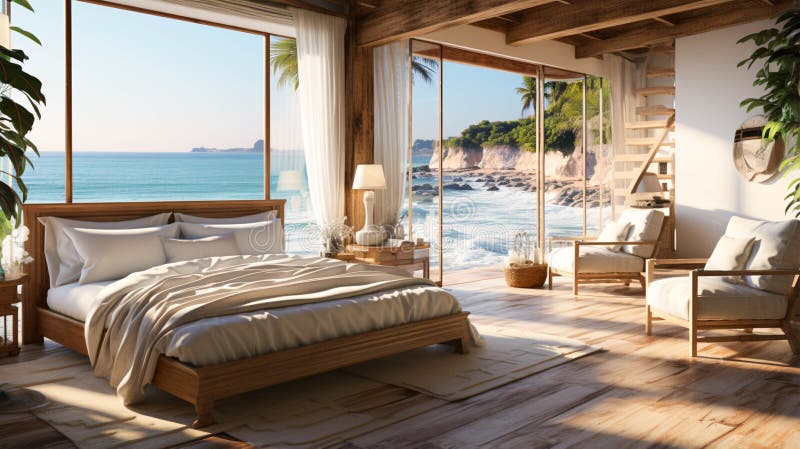 Coastal Beachy Style with Ocean View Bedroom Stock Photo - Image of ...