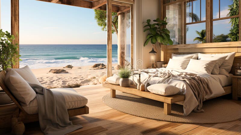 Coastal Beachy Style with Ocean View Bedroom Stock Image - Image of ...