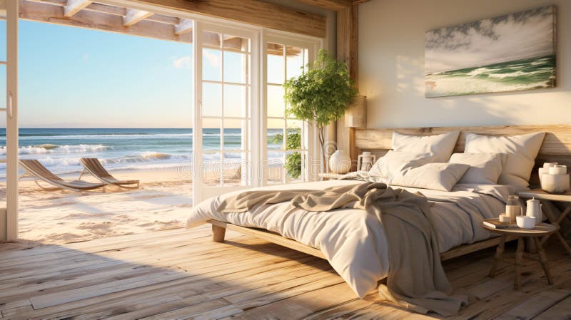 Coastal Beachy Style with Ocean View Bedroom Stock Image - Image of ...