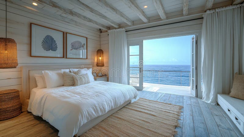 Coastal Bedroom with Ocean View through Open Doors, Featuring Rustic ...
