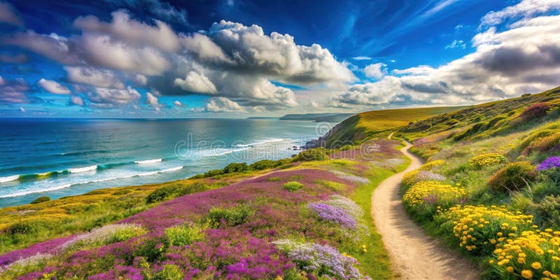Coastal Bloom a Winding Path Meanders through Vibrant Wildflowers ...