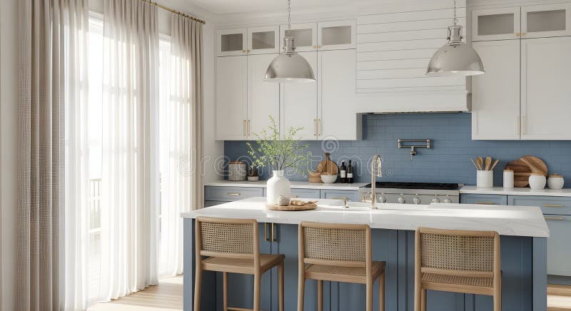Coastal Blue and White Kitchen with Island and Sheer Curtains Stock ...