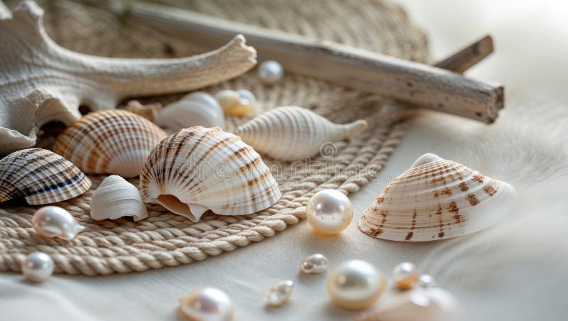 Coastal Bohemian Decor with Shells and Pearls Stock Photo - Image of ...