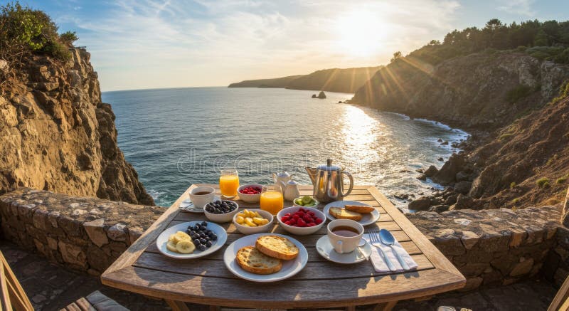 Coastal Breakfast with Ocean View at Sunrise Stock Illustration ...
