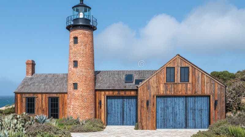 Coastal Brick Lighthouse and Rustic Wooden House Exterior Stock Image ...