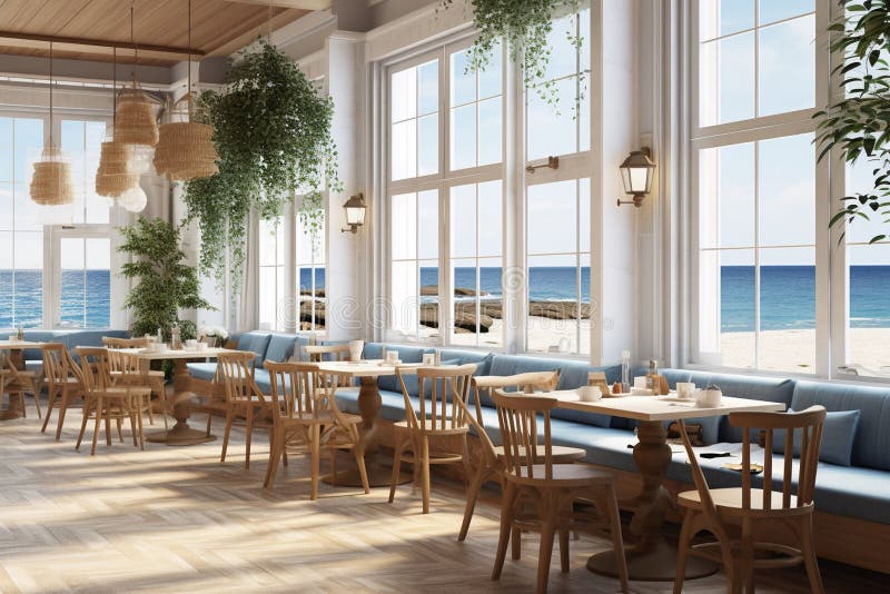 Coastal Cafe Interior with Large Windows. Generative Ai Stock ...