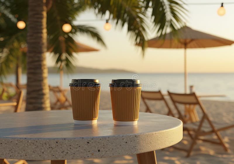 Coastal Cafe Morning: Two Coffees on a Table with a Beach Background ...