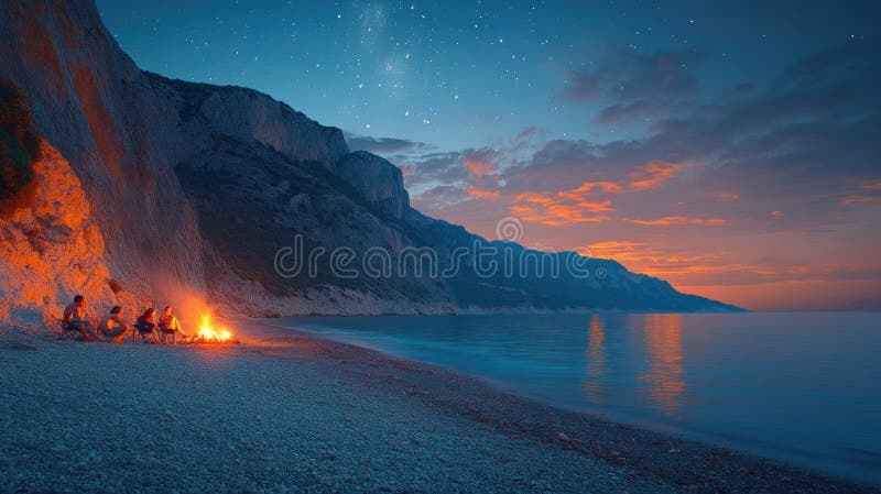Coastal Campfire, Starry Night, People Stock Illustration ...