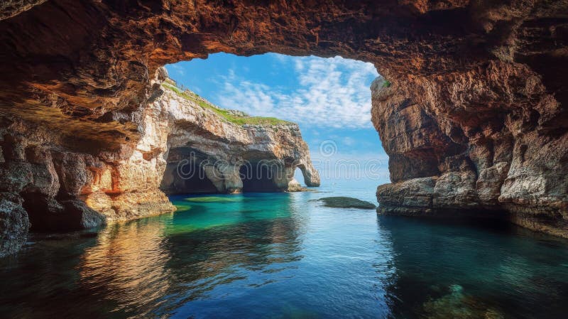 Coastal Cave Entrance with Crystal Clear Water Stock Illustration ...