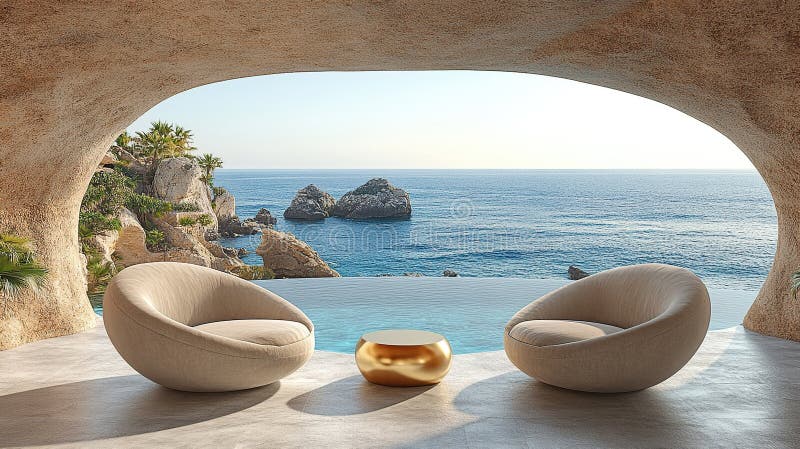 Coastal Cave Lounge Area with Ocean View, Relaxing Poolside Stock ...
