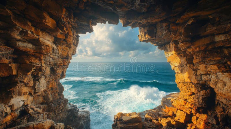 Coastal Cave View Ocean Waves Crashing Rocks Stock Illustration ...