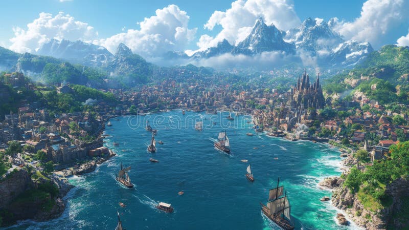 Coastal City with Harbor and Mountains Under Sunny Sky Stock ...