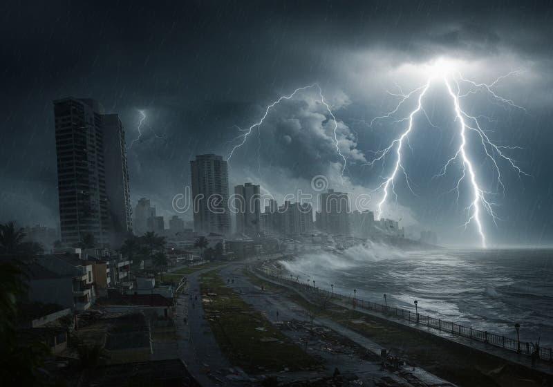 Coastal City Under a Dramatic Nighttime Storm Stock Illustration - Illustration of event ...