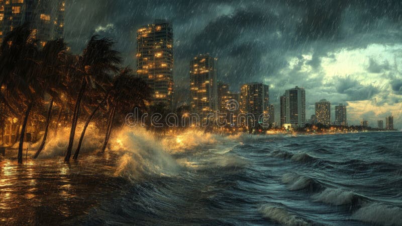 Coastal City Under Severe Storm Waves and Rain Stock Photo - Image of ...