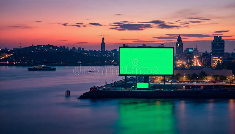 Empty Green Screen Billboard Overlooking a Harbor at Dawn Stock ...