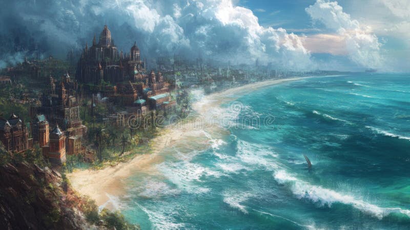 Coastal Cityscape with Turquoise Ocean and Dramatic Clouds Stock ...