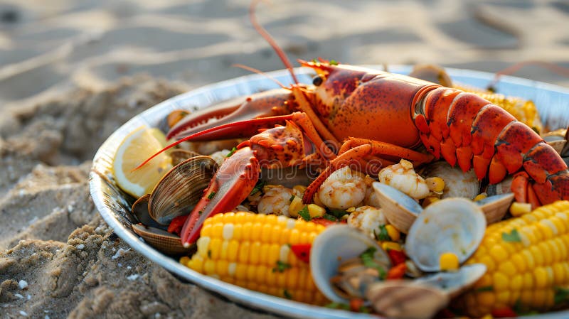 Coastal Bake with Lobster and Corn Sandy Stock Illustration ...