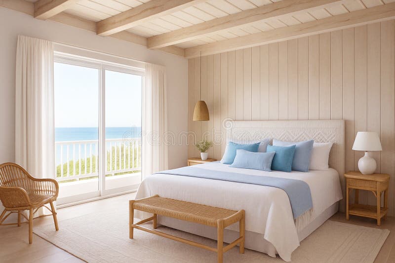 Coastal Clean Bedroom with Soft Blue Accents and Woven Textures Stock ...