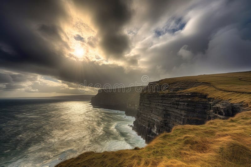 Coastal Cliff with Dramatic Sky, the Clouds and Sun in the Background ...