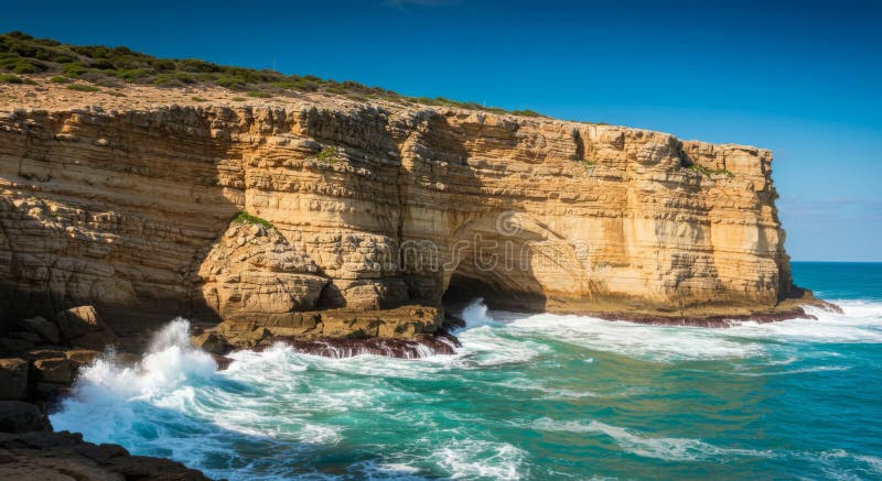 Coastal Cliff Face with Waves Crashing Stock Illustration ...