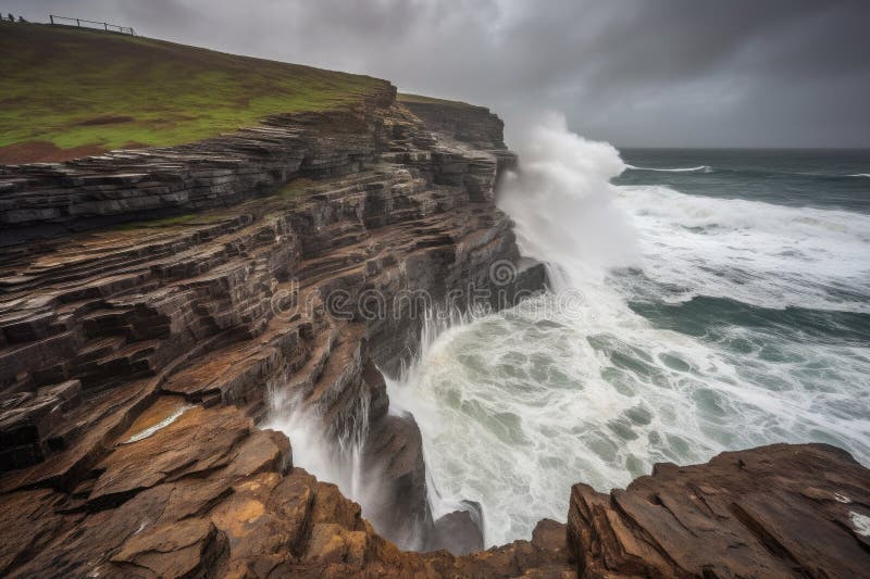 Coastal Cliff Face with Waves Crashing into the Rocks Below, Making for ...