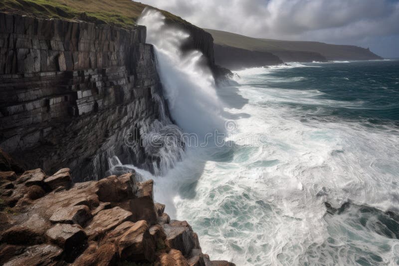 Coastal Cliff Face with Waves Crashing into the Rocks Below, Making for ...