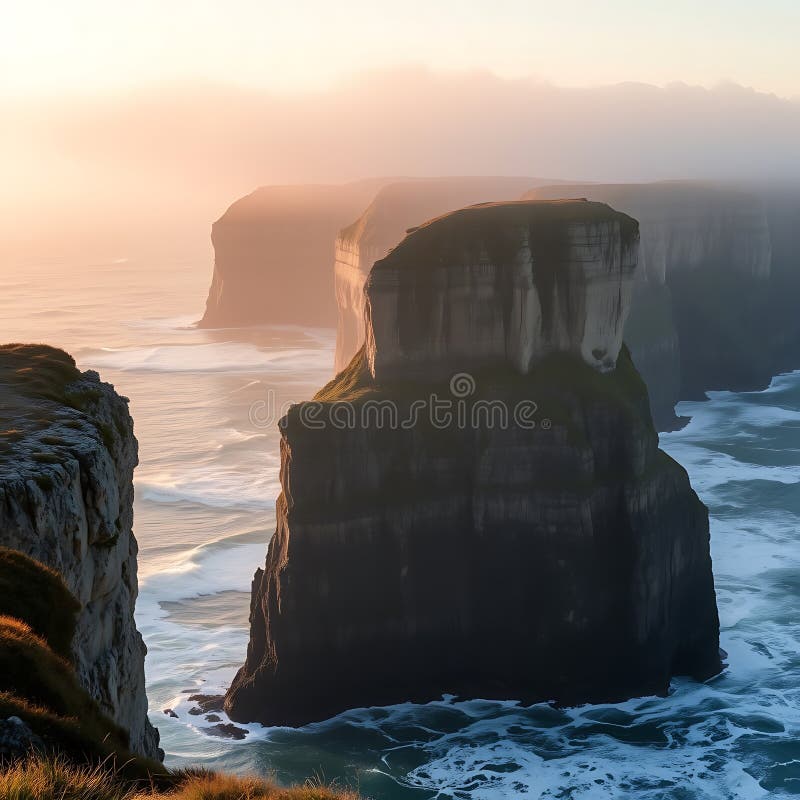 Coastal Cliff with Morning Mist Stock Illustration - Illustration of ...