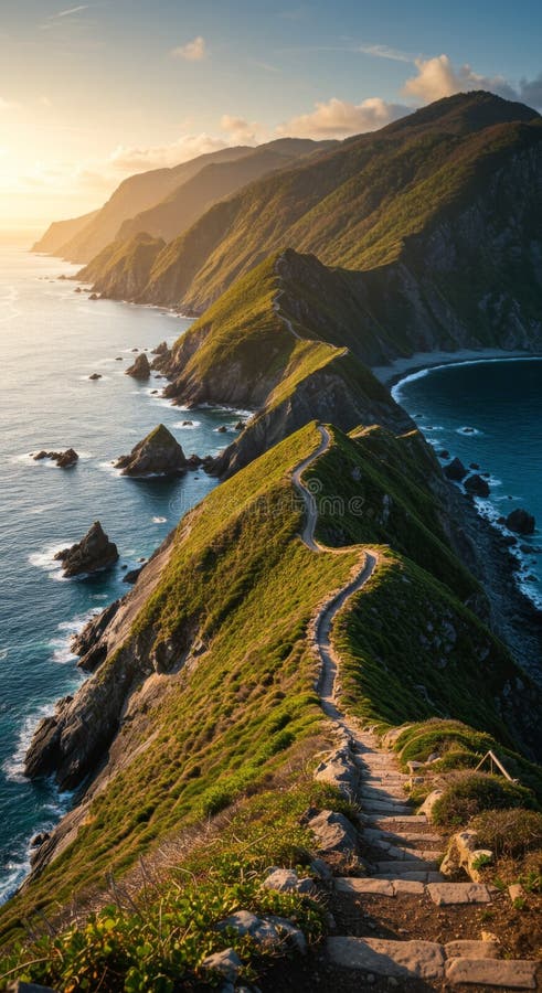 Coastal Cliff Path at Sunset with Ocean View Stock Illustration ...