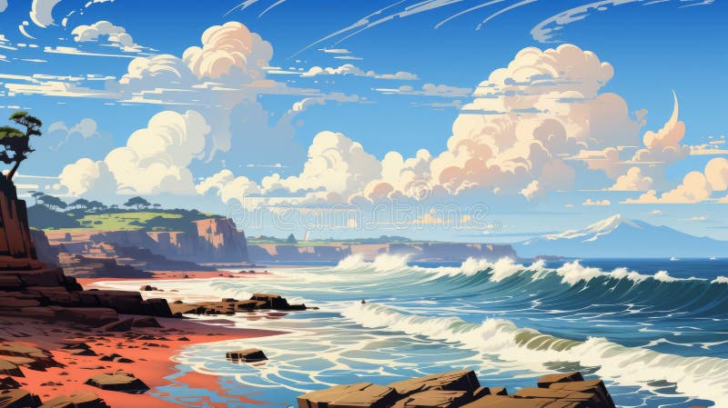 Coastal Cliff with Powerful Waves Crashing Flat Illustration Stock ...