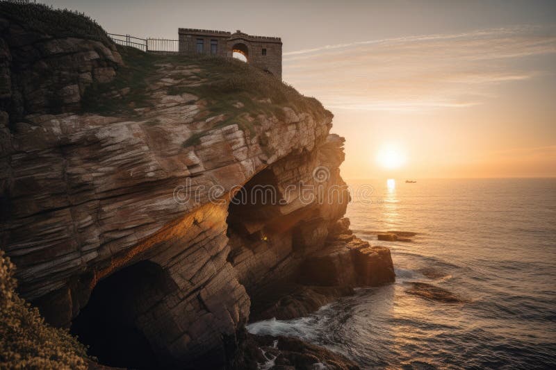 Coastal Cliff with Rock Archway, the Sun Setting Behind it Stock ...