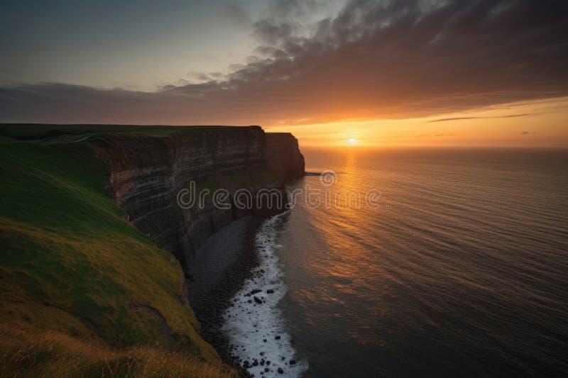 Coastal Cliff with Scenic Sunset, the Sun Setting Behind the Horizon ...