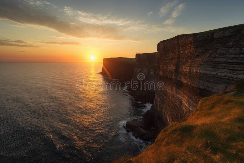 Coastal Cliff with Scenic Sunset, the Sun Setting Behind the Horizon ...