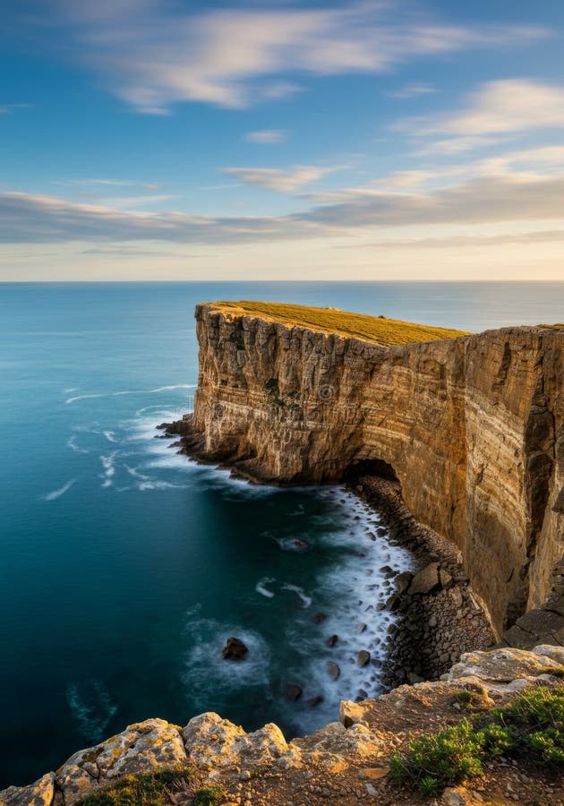 Coastal Cliff at Sunset with Blue Ocean Stock Illustration ...
