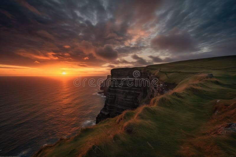 Coastal Cliff View, with a Dramatic Sunset in the Sky and Clouds Stock ...