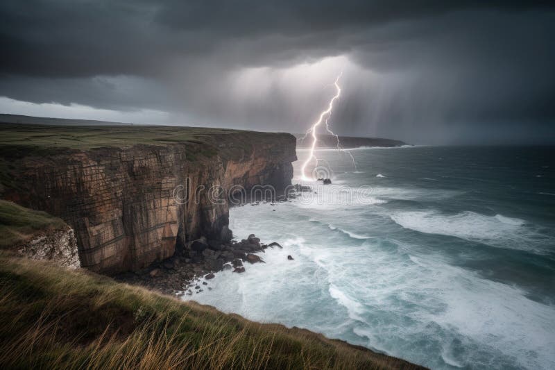 Coastal Cliff with View of Stormy Sea and Lightning Strikes Stock ...