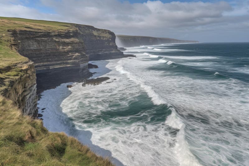 Coastal Cliff Views, with Waves Breaking Against the Rocks Below Stock ...