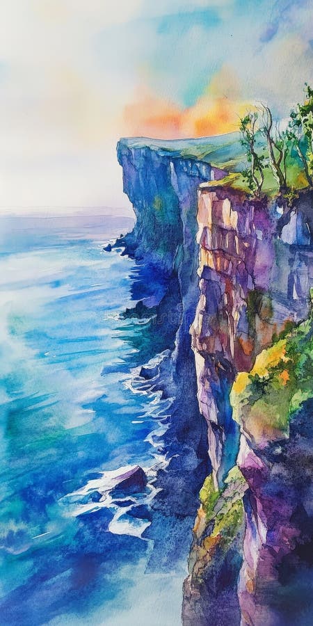 Coastal Cliff Watercolor Painting Stock Illustration - Illustration of ...