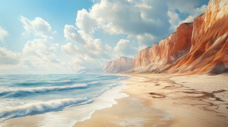Coastal Cliffs Beach Scene Under Sunny Skies Stock Illustration ...