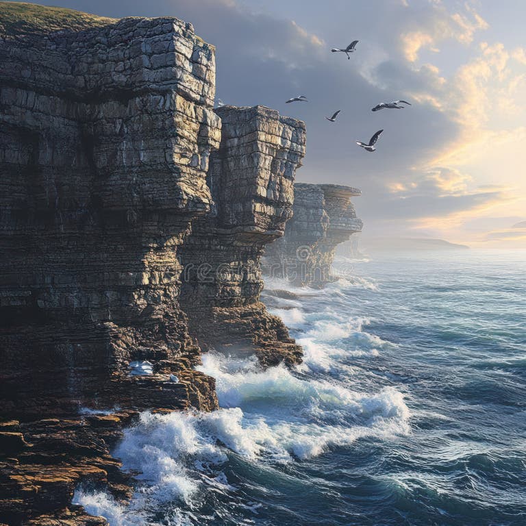 Coastal Cliffs, Dramatic Waves, Birds Soaring Stock Illustration ...