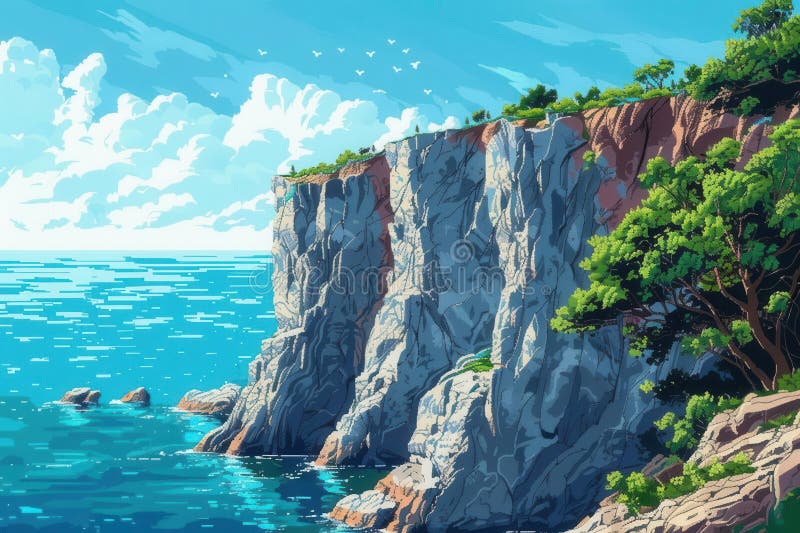 Coastal Cliffs Flat Design Top View Nautical Theme Pixel Art Triadic ...