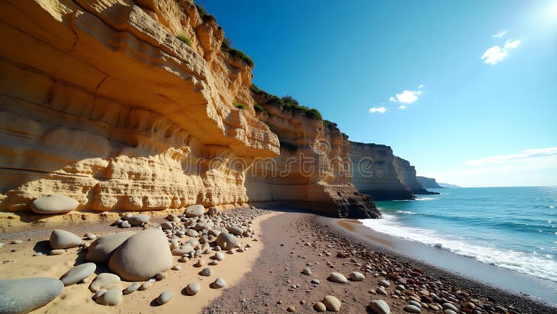 Coastal Cliffs with Smooth Stones Along a Sandy Beach Under a Clear ...