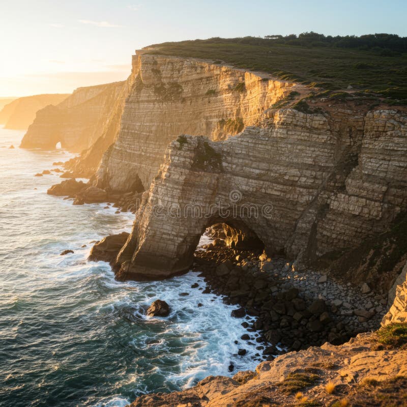 Coastal Cliffs at Sunset, Golden Light on Rocky Arch Stock Illustration ...